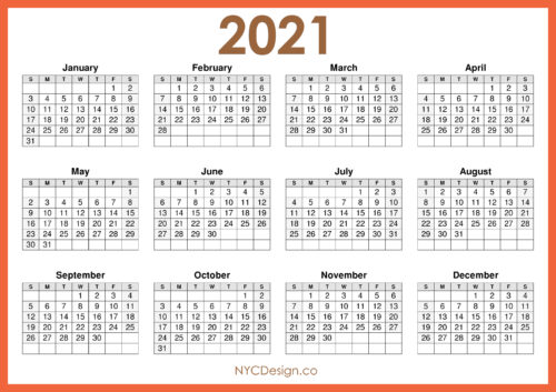 2021 Calendar Printable Free, Horizontal, Orange, HD – Sunday Start ...