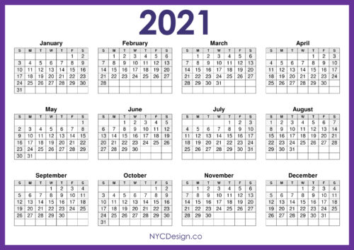 2021 Calendar Printable Free, Horizontal, Purple, HD – Sunday Start ...
