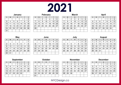 2021 Calendar Printable Free, Horizontal, Red, HD – Sunday Start ...