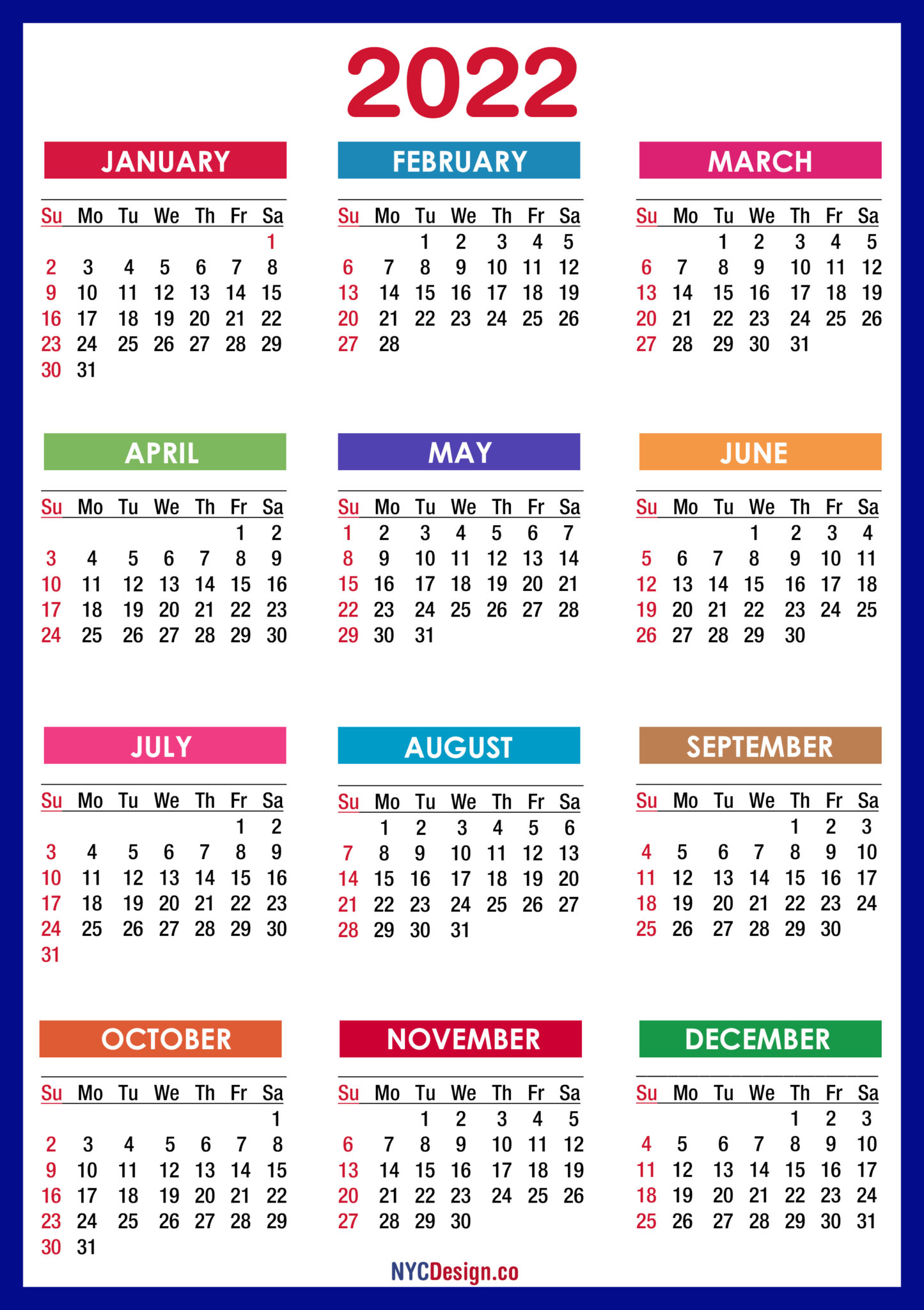 2022 Calendar Printable Free, PDF, Colorful, Blue, Green – Sunday Start ...