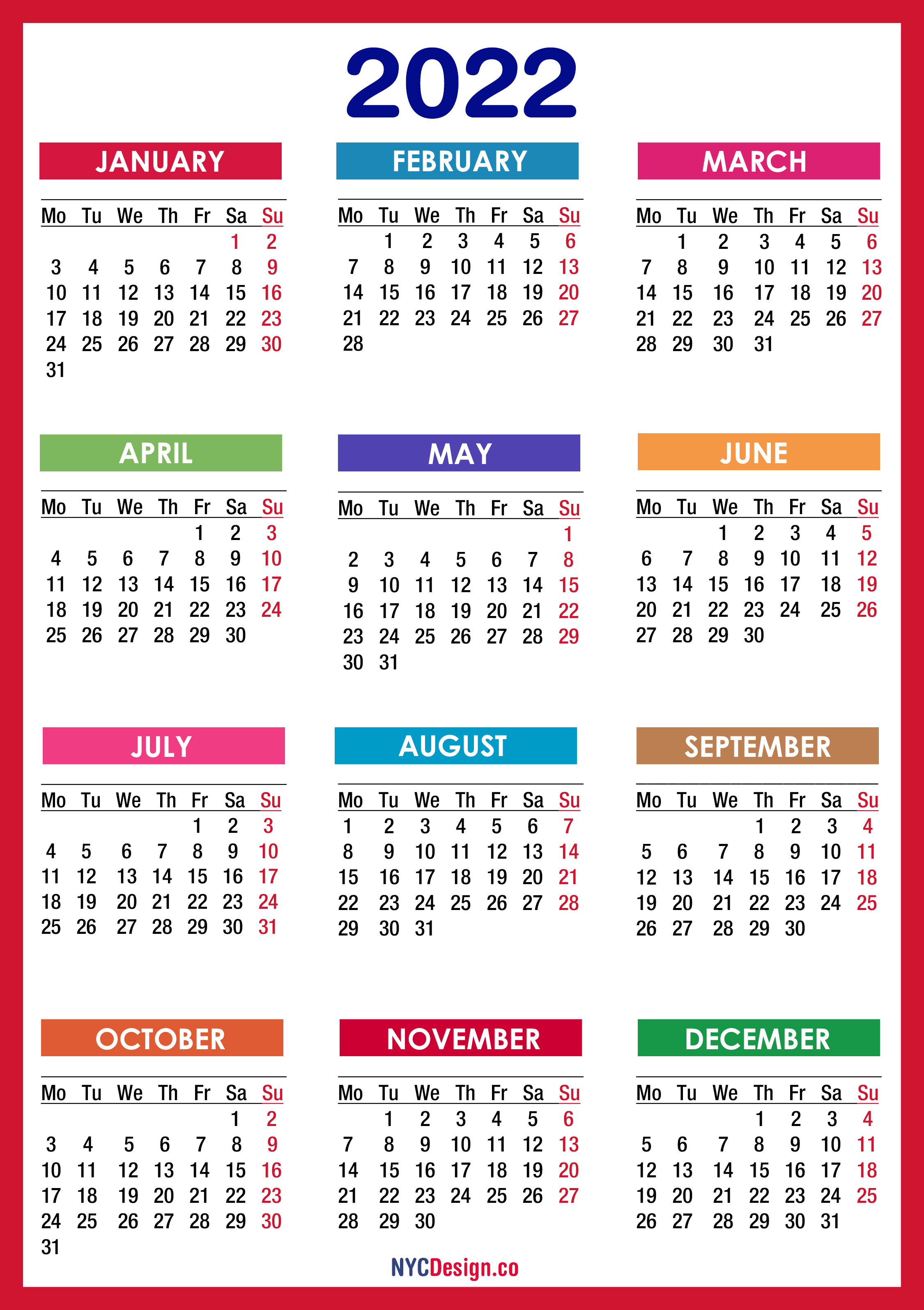 2022 Calendar Printable Free PDF Colorful Red Orange Monday Start 2022 Calendar Printable Free PDF Colorful Red Orange Monday Start