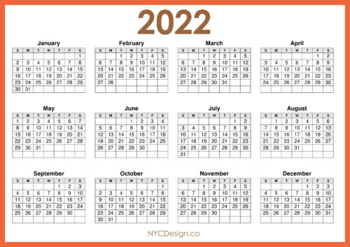 2022 Calendar Printable Free, Horizontal, Orange, HD – Sunday Start ...