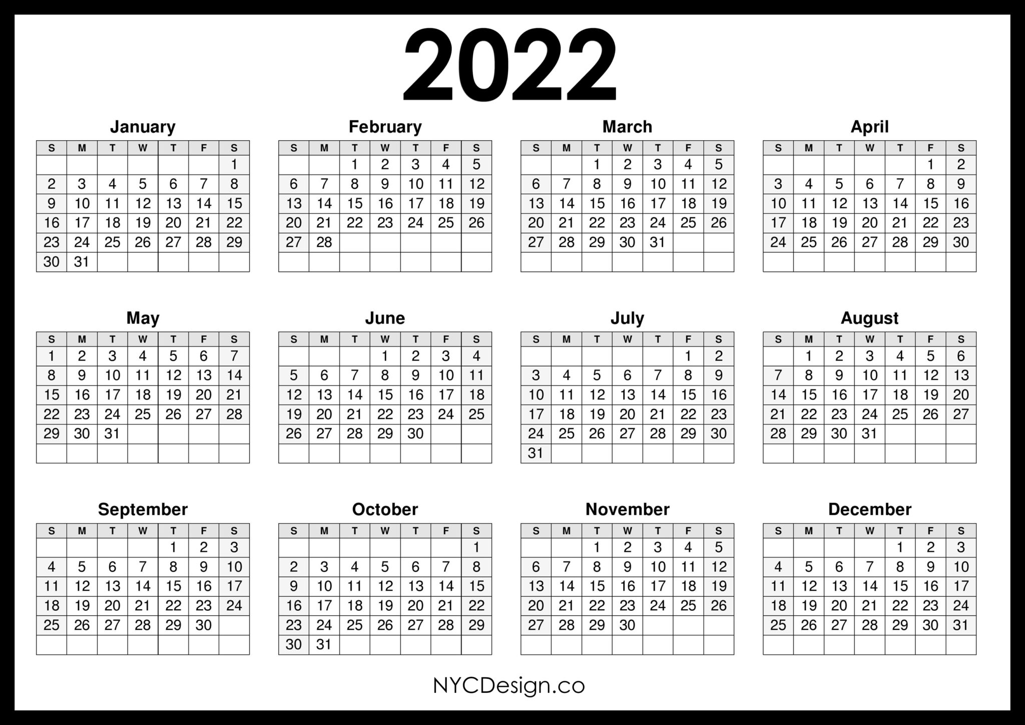 2022 Calendar Printable Free, Horizontal, Black, HD – Sunday Start ...