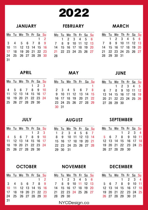 2022 Calendar with US Holidays, Printable – A4 Paper Size, Red – Monday ...