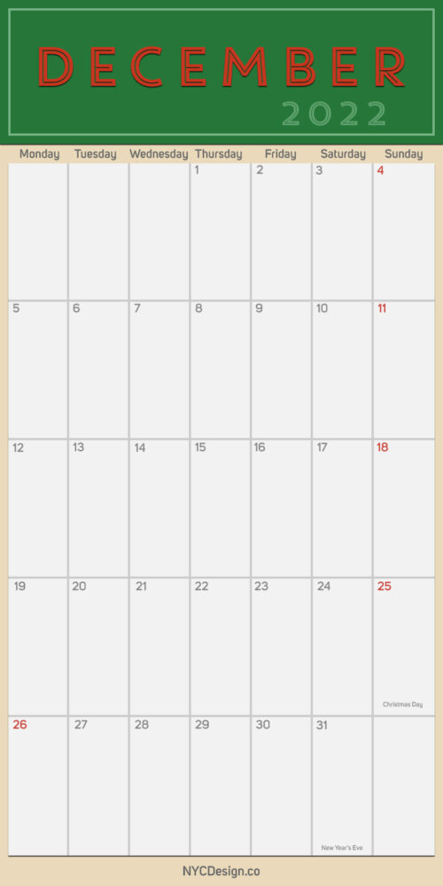 2022 December – Monthly Calendar, Planner, Printable Free – Monday ...