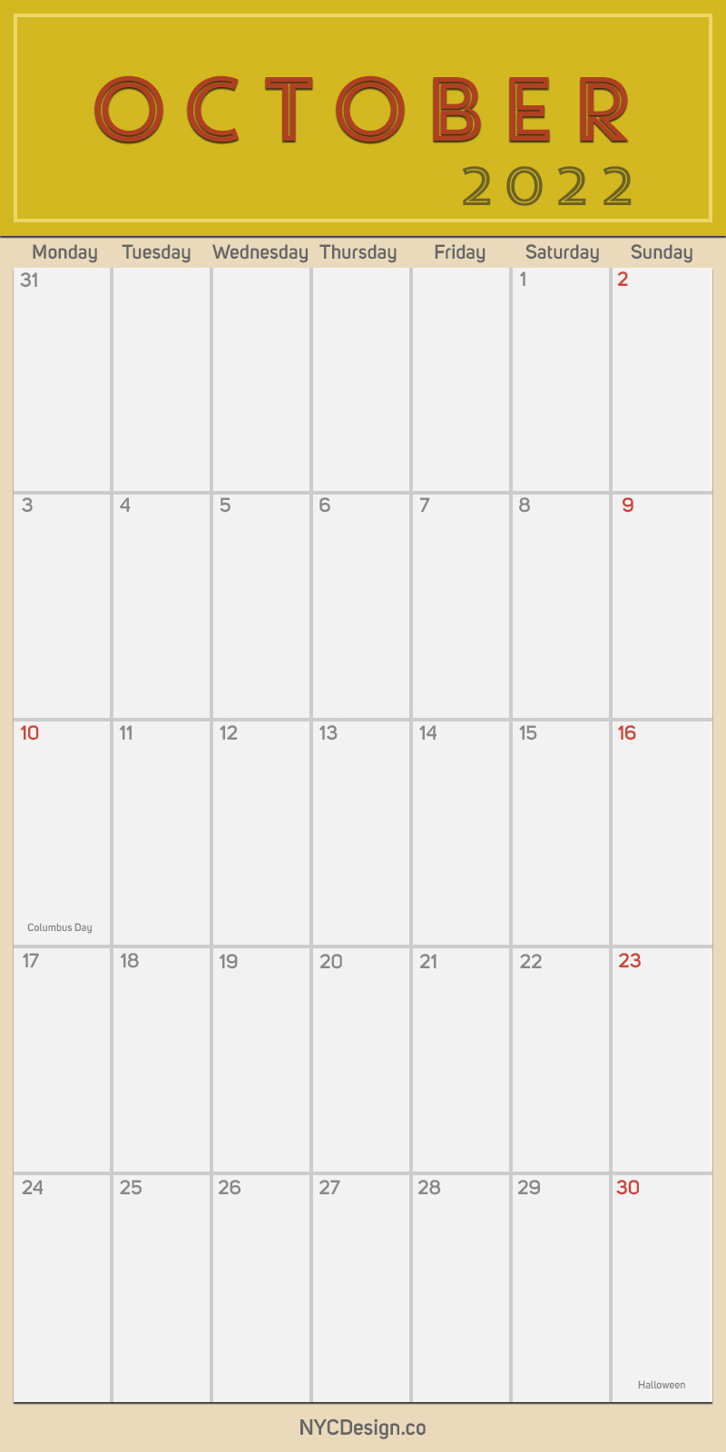 2022 October – Monthly Calendar, Planner, Printable Free – Monday Start ...