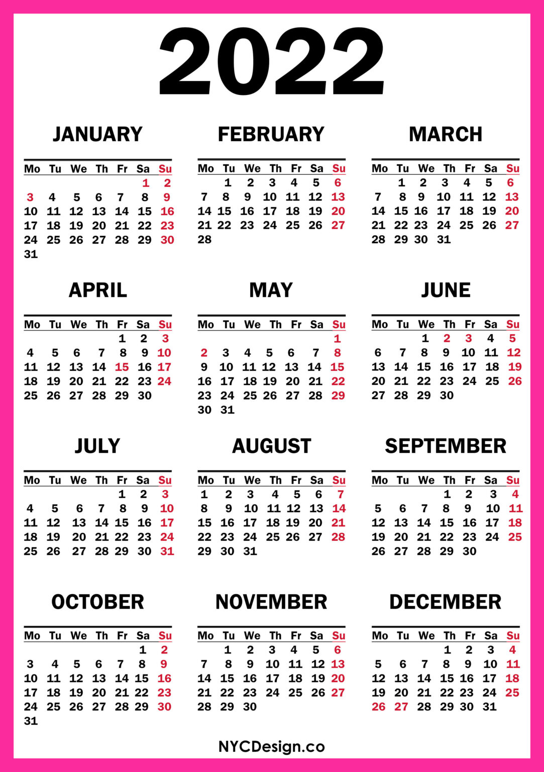 2022 Calendar with UK Holidays, Printable Free, Pink – NYCDesign.co ...