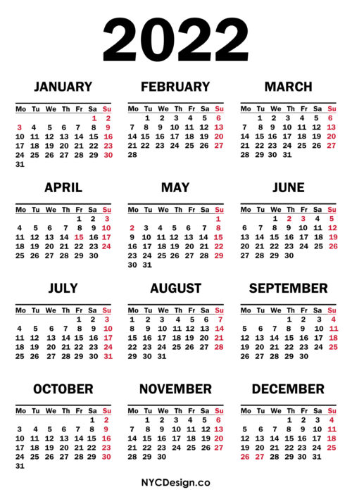 2022 Calendar with UK Holidays, Printable Free, White – NYCDesign.co ...