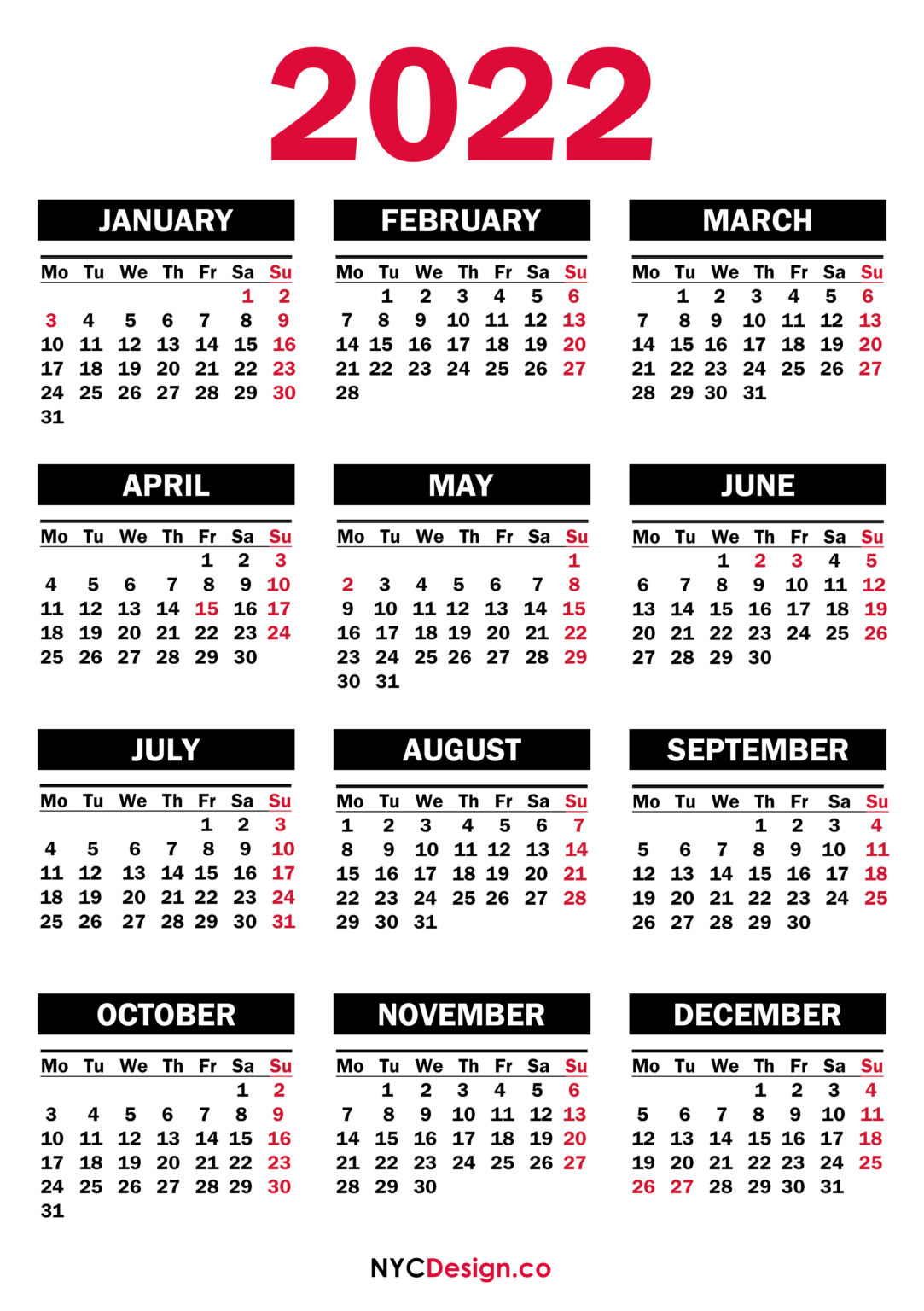 2022 Calendar with UK Holidays, Printable, Free, PDF, Black – NYCDesign ...