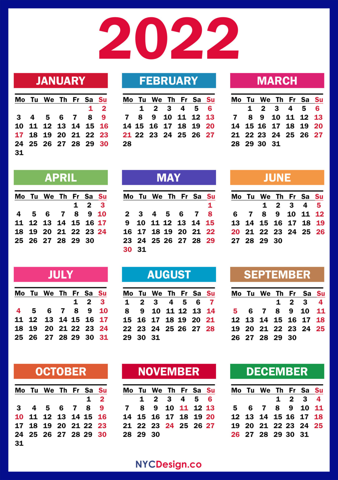 2022 Calendar Printable Free, Horizontal, Blue, HD – Sunday Start ...