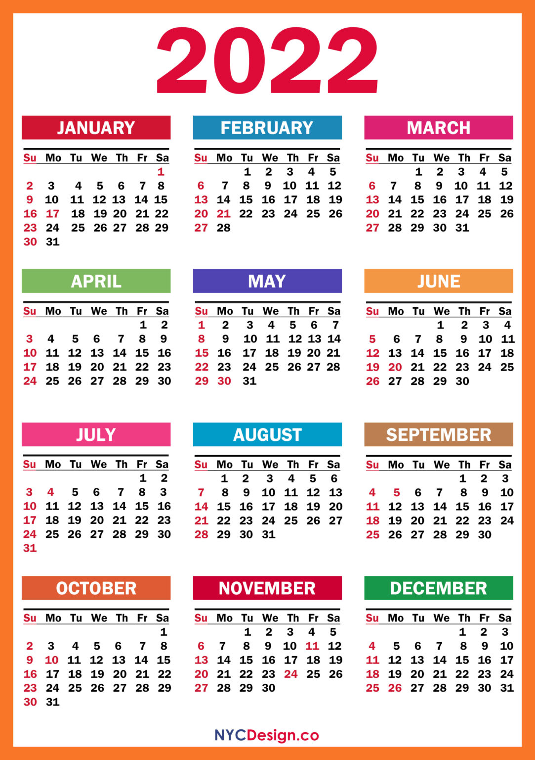 2022 Calendar with US Holidays, Printable, Free, PDF, Colorful, Red ...