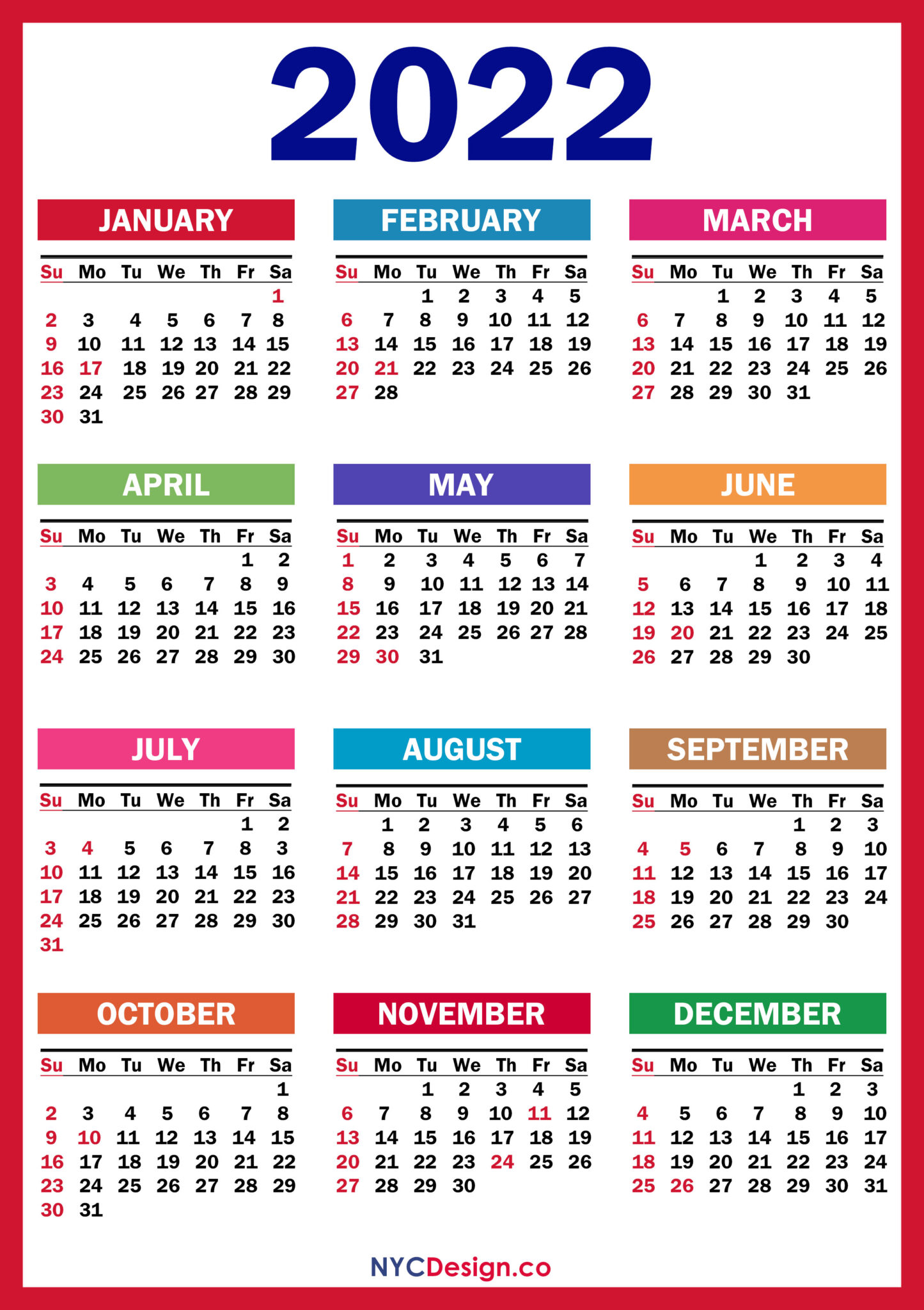 2022 Calendar with US Holidays, Printable, Free, PDF, Colorful, Red ...