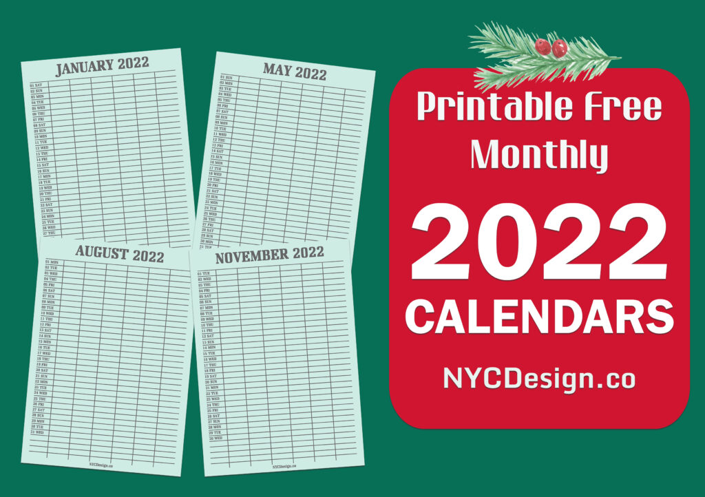 2022 Monthly Calendars, Planners, Printable Free, Green – NYCDesign.co ...
