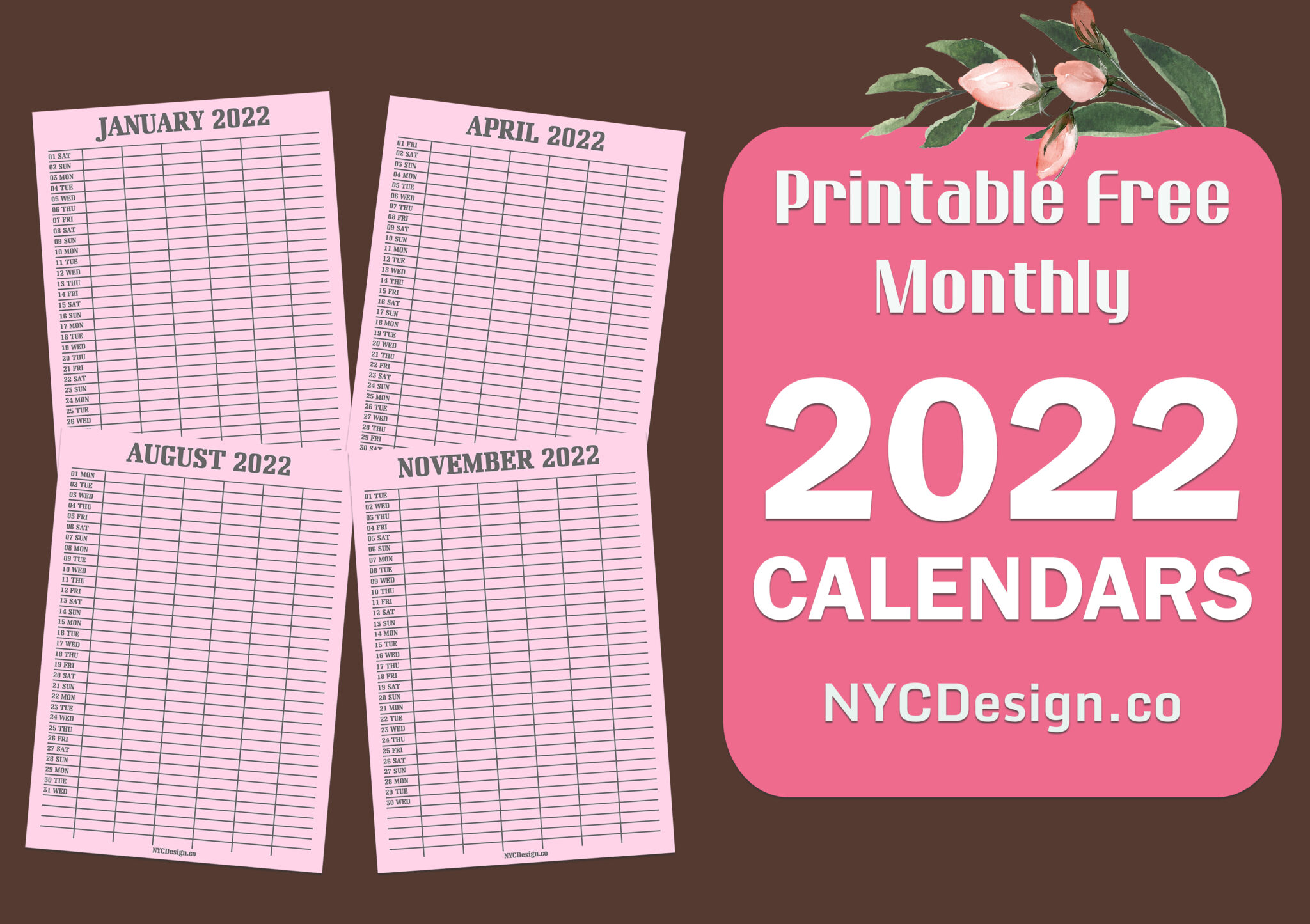 2022 Monthly Calendars, Planners, Printable Free, Pink – NYCDesign.co ...