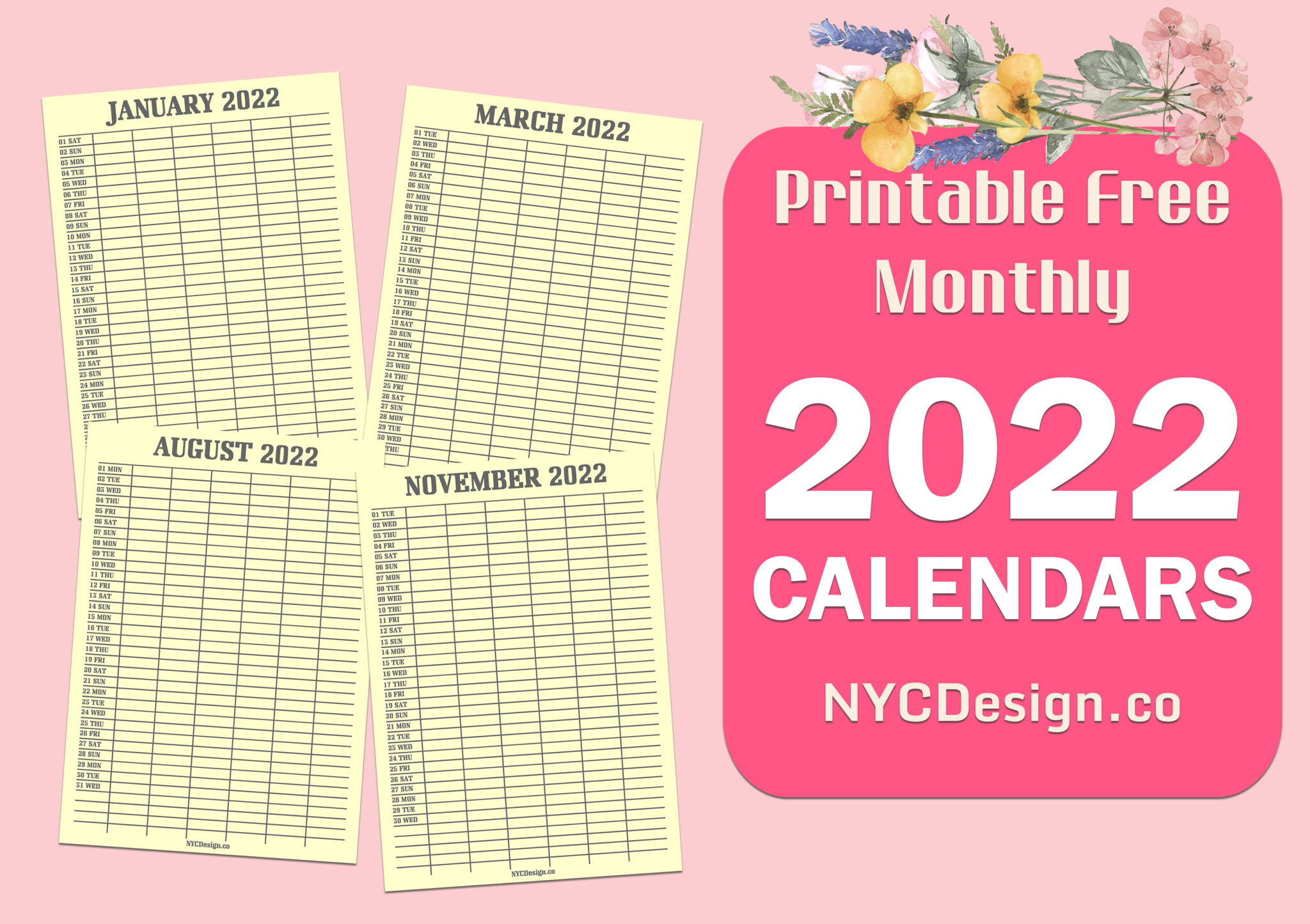 2022 Monthly Calendars, Planners, Printable Free, Yellow – NYCDesign.co ...