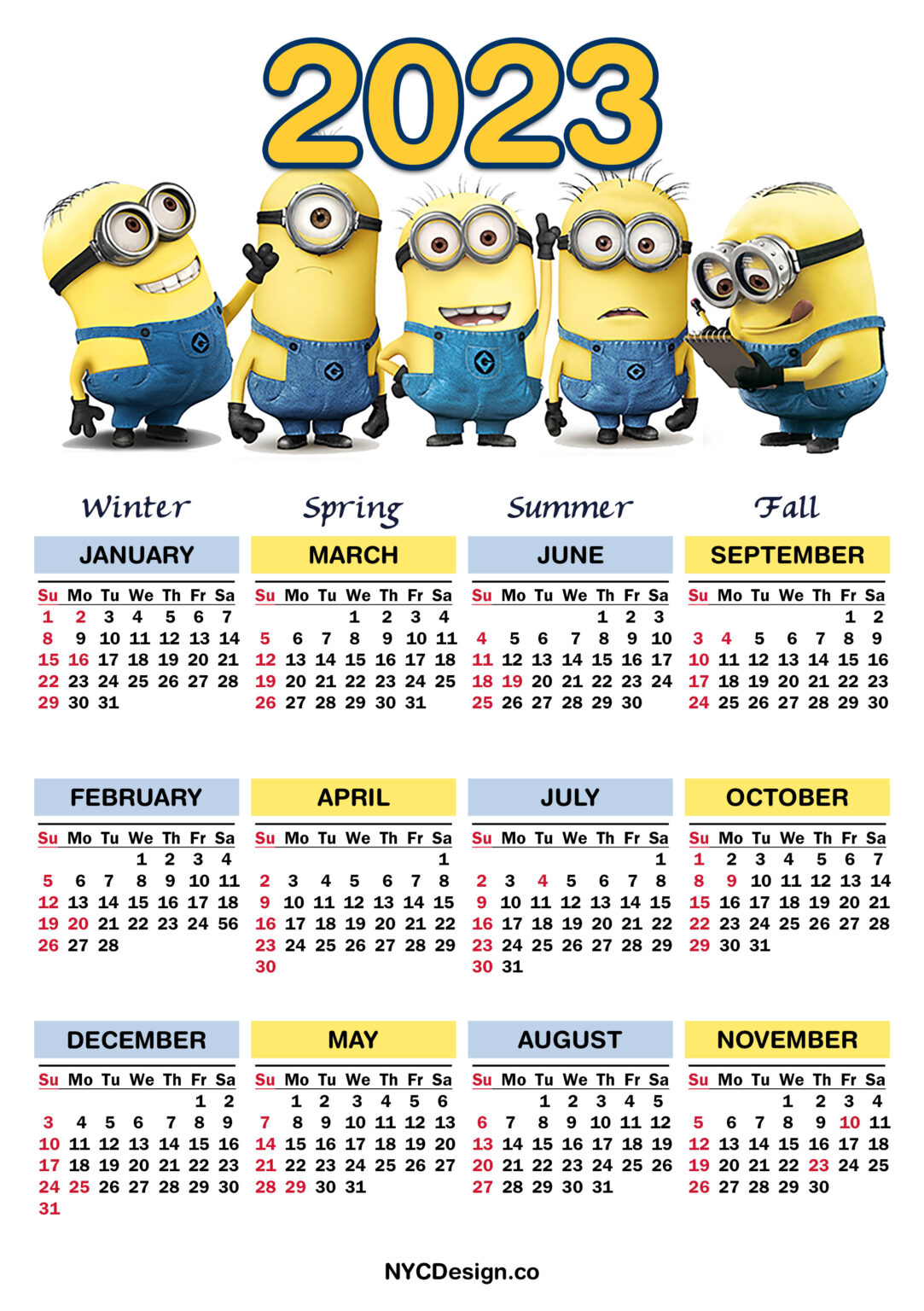 2023 Printable Free Minions Calendar with US Holidays – Sunday Start ...