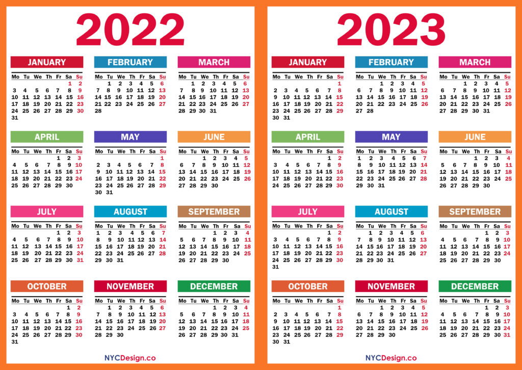 2022 – 2023 Two Year Calendar Printable Free, Colorful, Red, Orange ...