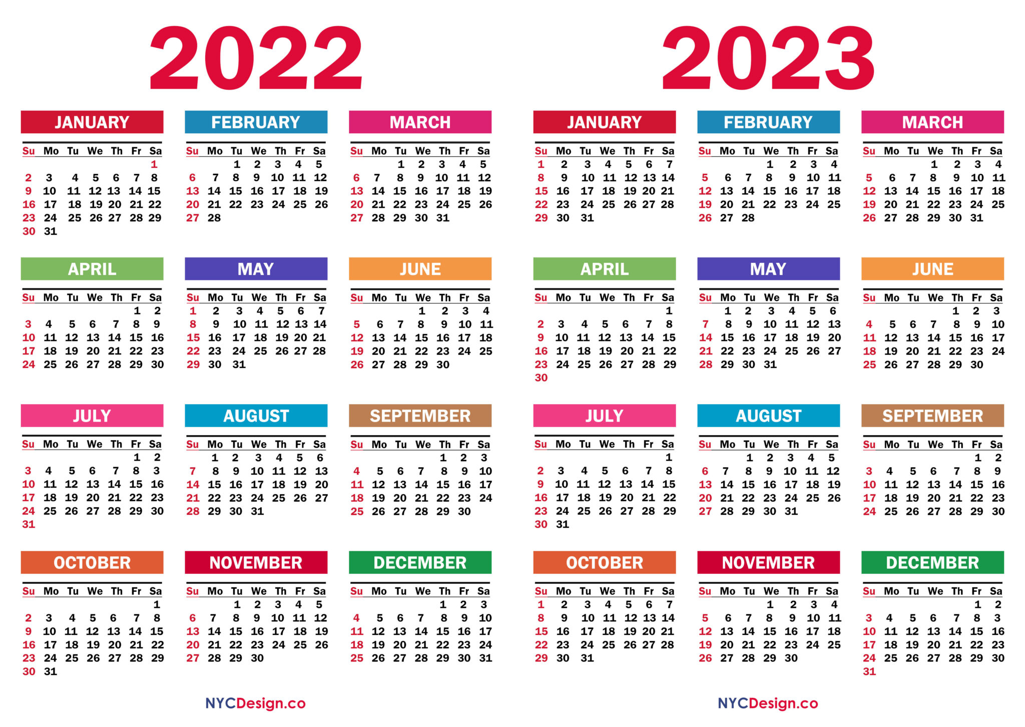 2022 – 2023 Two Year Calendar Printable Free, Colorful – NYCDesign.co ...