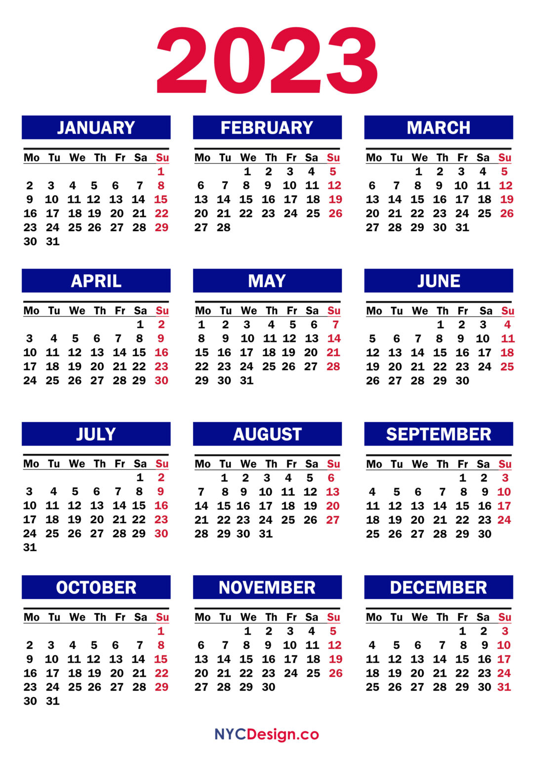 2023 Calendar with UK Holidays, Printable, Free, PDF, Black – NYCDesign ...