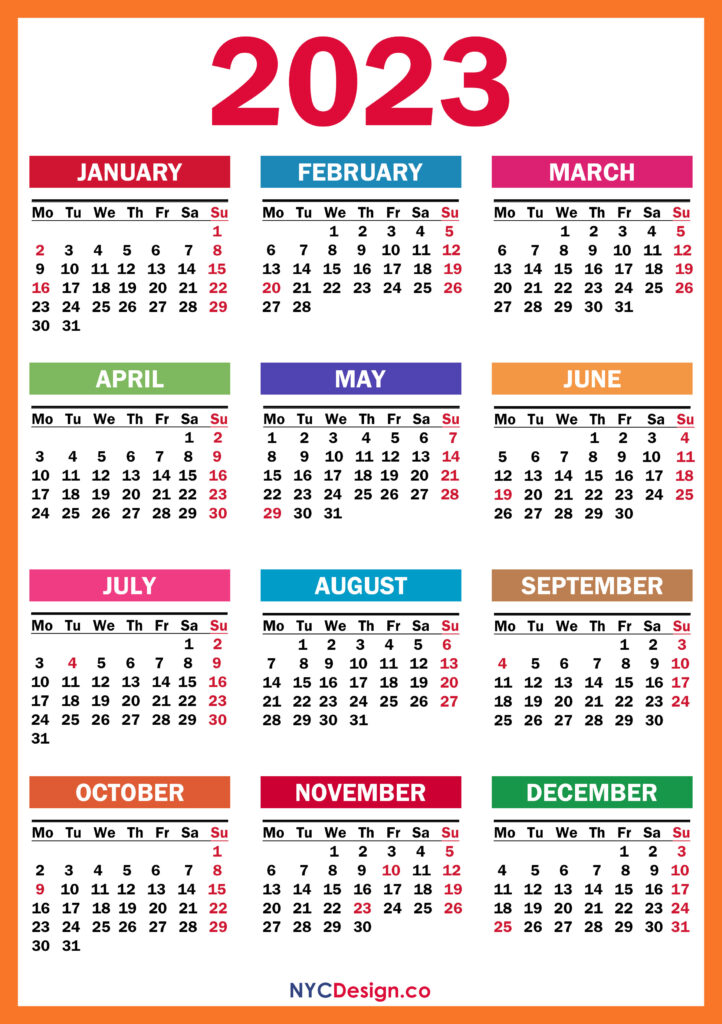 2023 Calendar with US Holidays, Printable, Free, PDF, Colorful, Red ...
