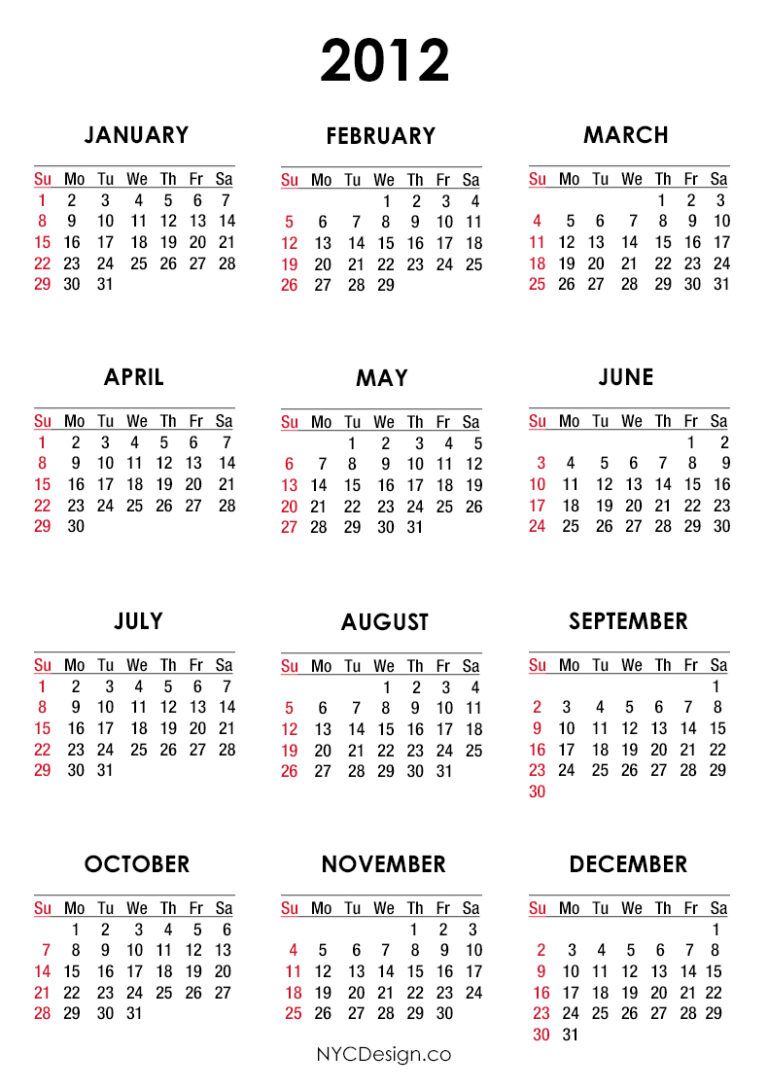 2012 Calendar Printable Free, White – Sunday Start – NYCDesign.co ...