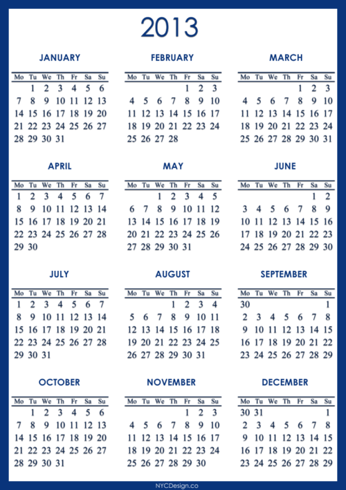 2013 Calendar, Printable Free – NYCDesign.co: Printable Things
