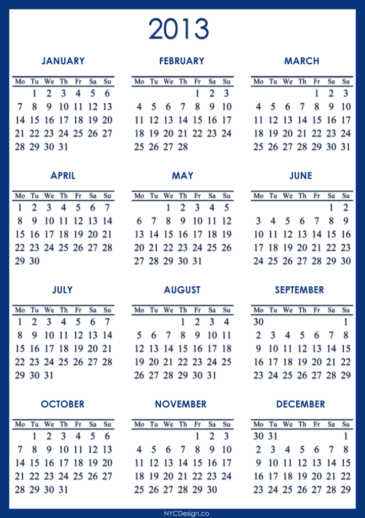 2013 Calendar, Printable Free – NYCDesign.co: Printable Things