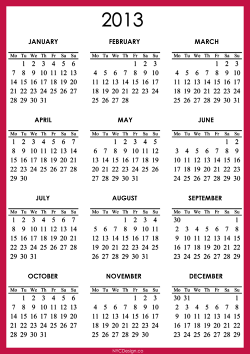 2013 Calendar, Printable Free – NYCDesign.co: Printable Things