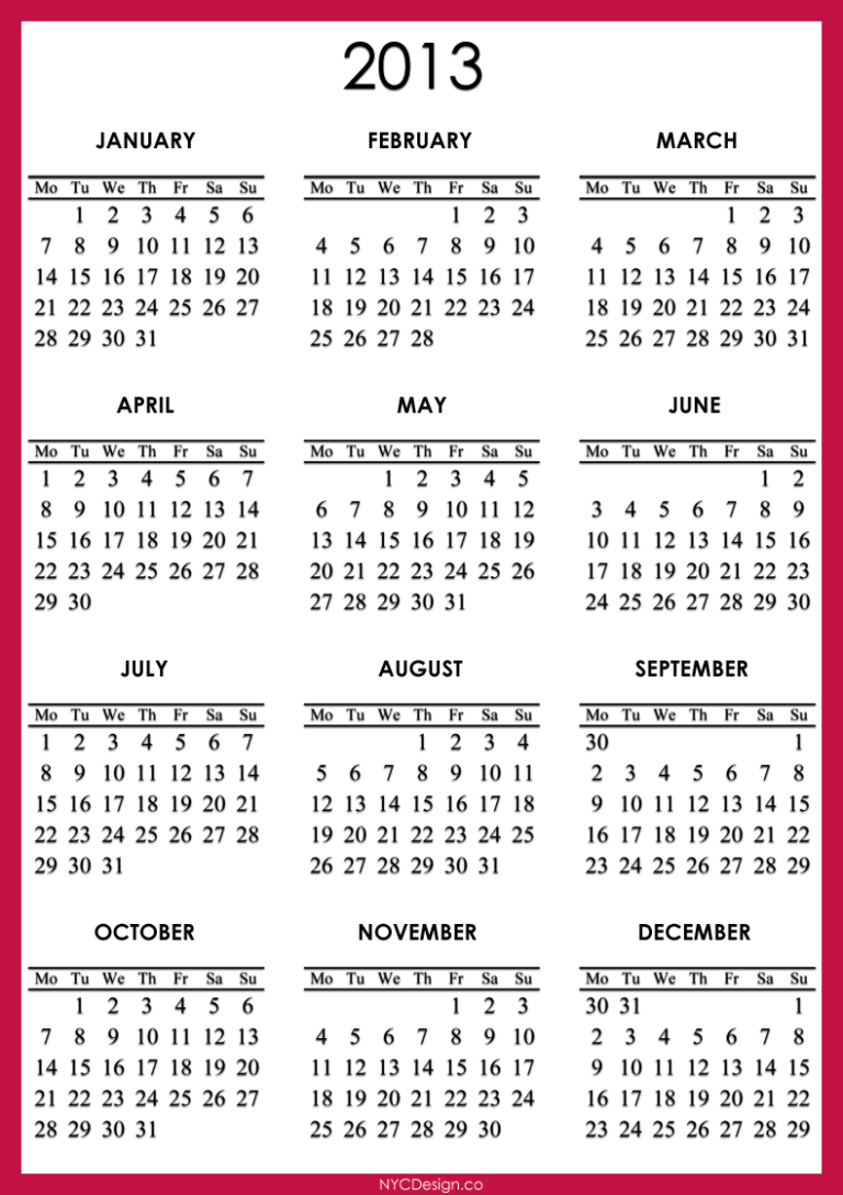 2013 Calendar, Printable Free – NYCDesign.co: Printable Things