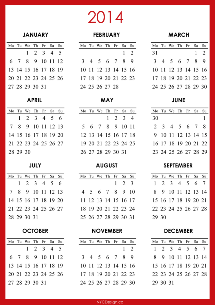 2014 Calendar, Printable Free – NYCDesign.co: Printable Things