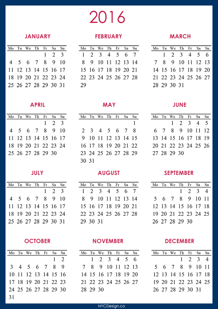 2016 Calendar, Printable Free – NYCDesign.co: Printable Things