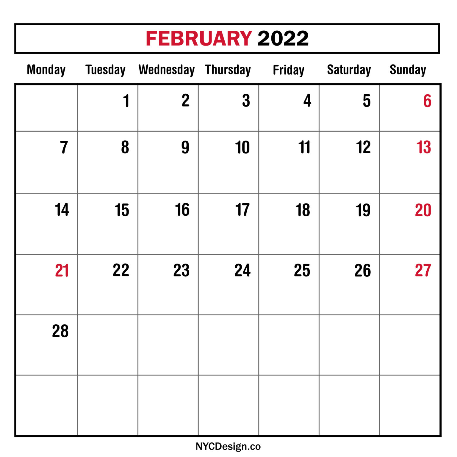 February 2022 Monthly Calendar, Planner with US Holidays, Printable ...
