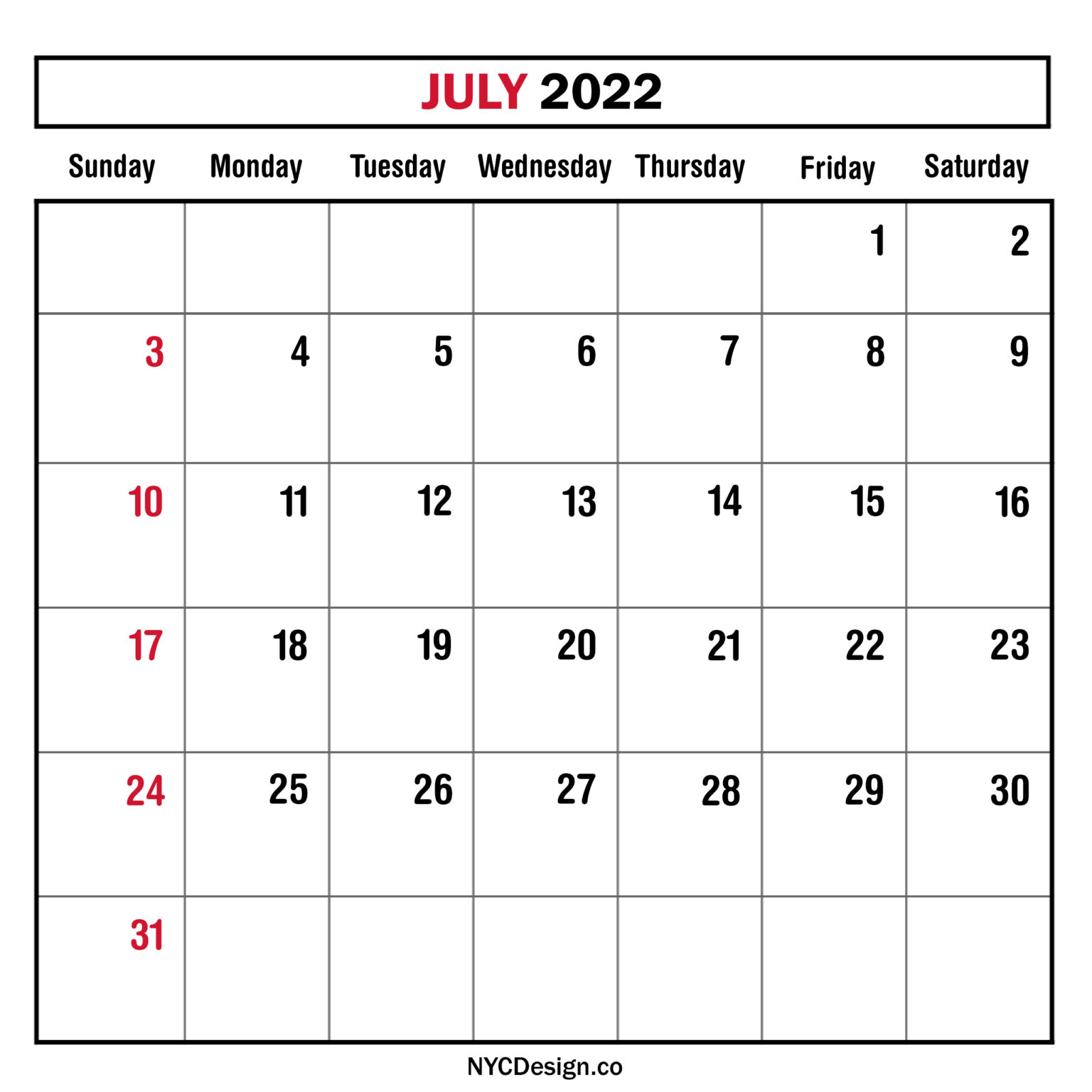 July 2022 Monthly Calendar, Planner, Printable Free – Sunday Start ...