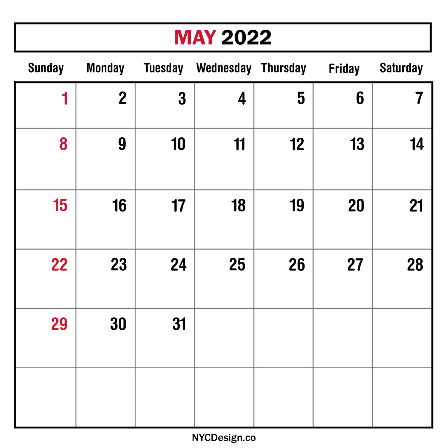 May 2022 Monthly Calendar, Planner, Printable Free – Sunday Start ...