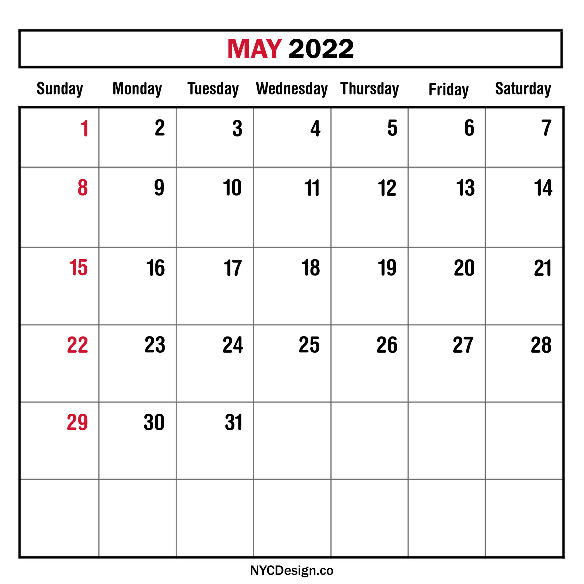 May 2022 Monthly Calendar, Planner, Printable Free – Sunday Start ...