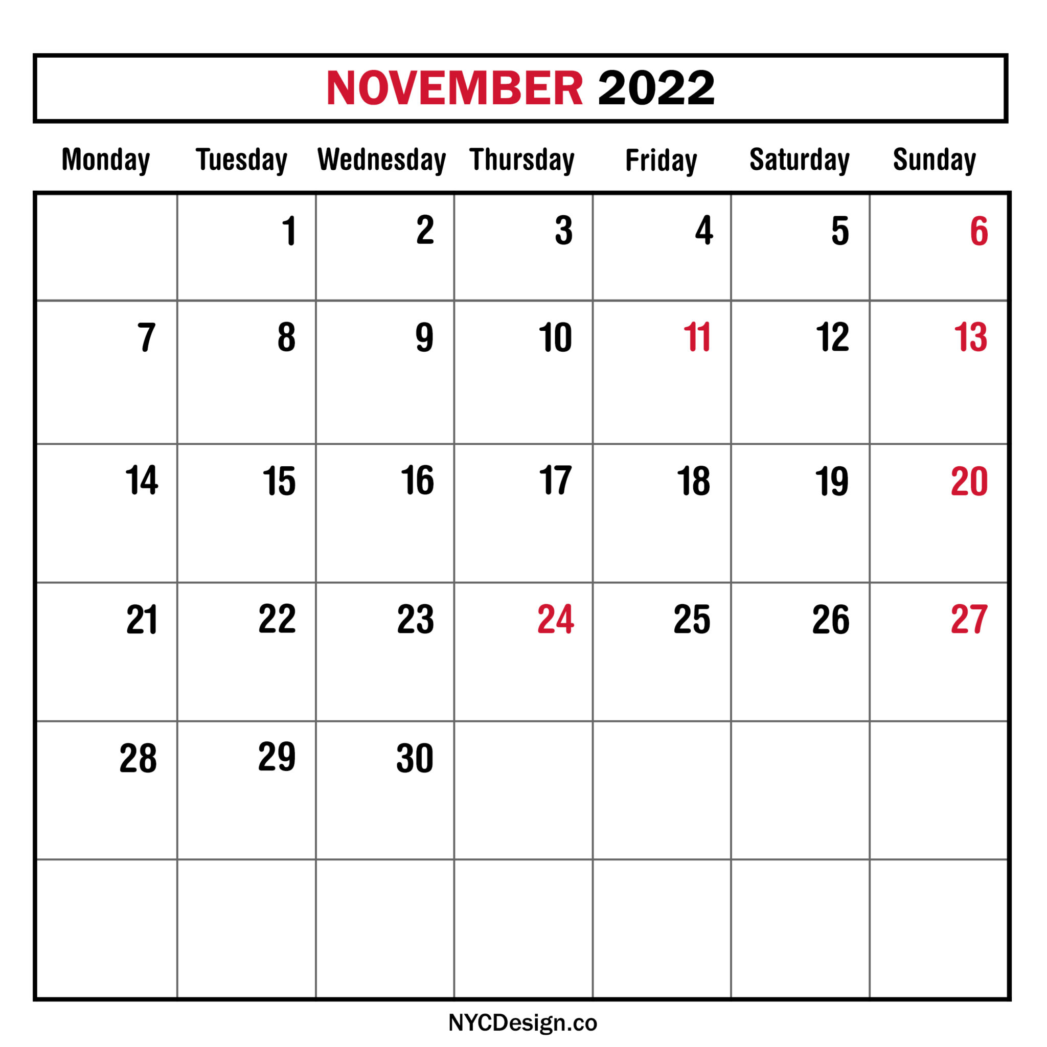 November 2022 Monthly Calendar, Planner with US Holidays, Printable ...