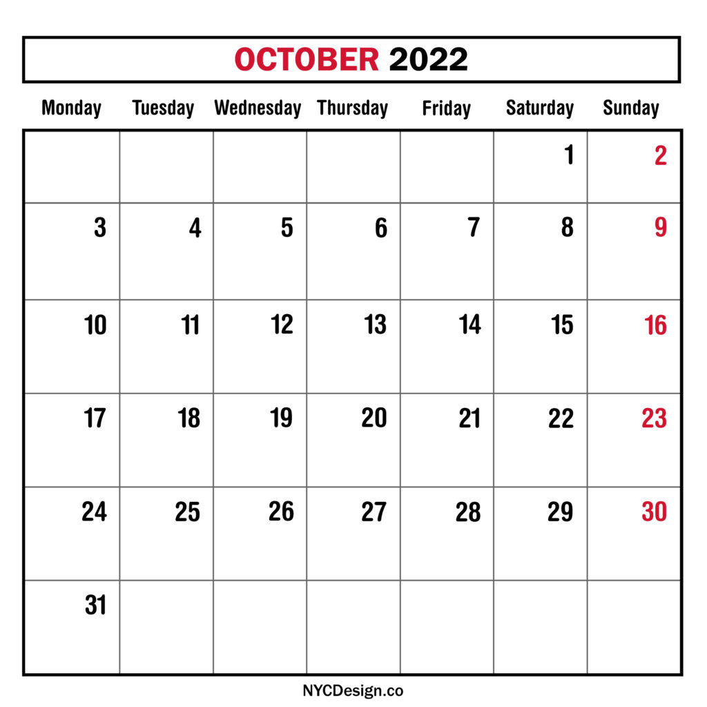 October 2022 Monthly Calendar, Planner, Printable Free – Monday Start ...