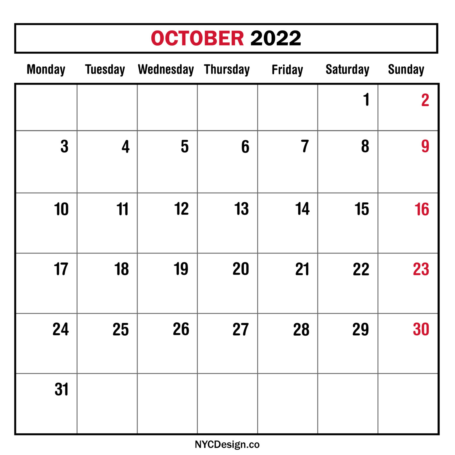 October 2022 Monthly Calendar, Planner, Printable Free – Monday Start ...