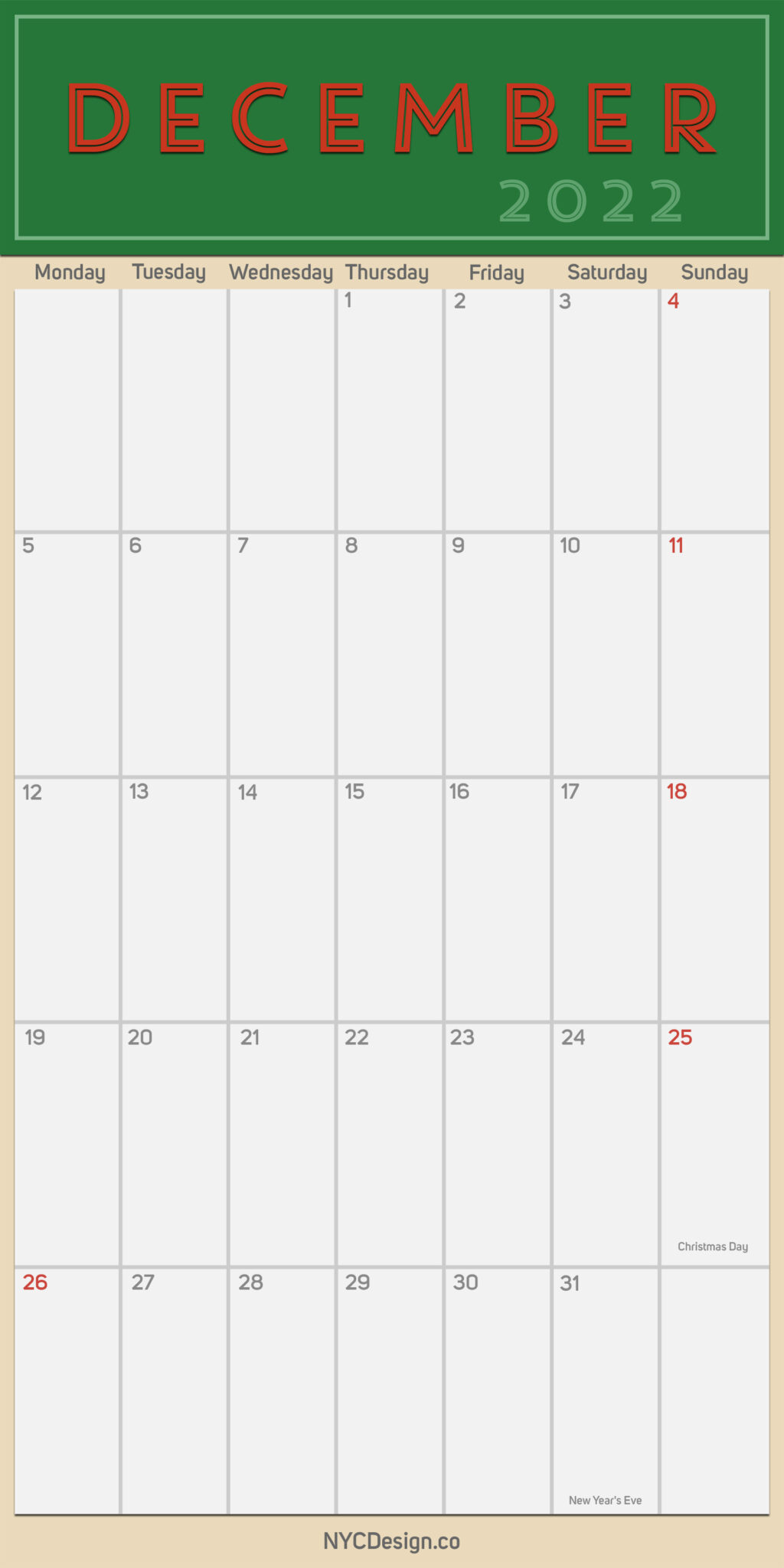 2022 December – Monthly Calendar, Planner, Printable Free – Monday ...