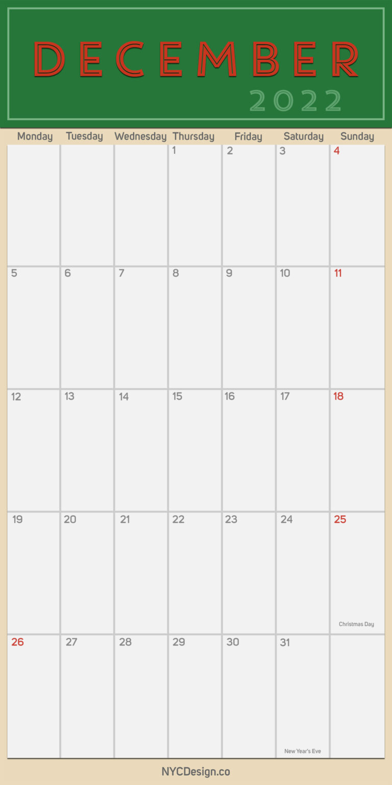 2022 December – Monthly Calendar, Planner, Printable Free – Monday ...