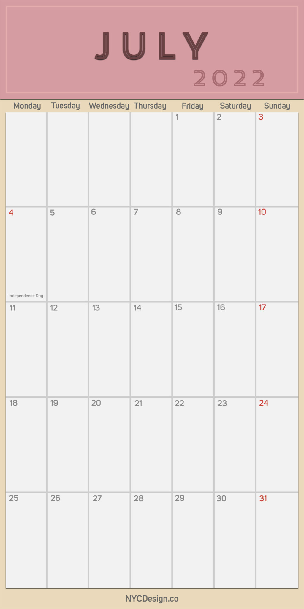2022 July – Monthly Calendar, Planner, Printable Free – Monday Start ...