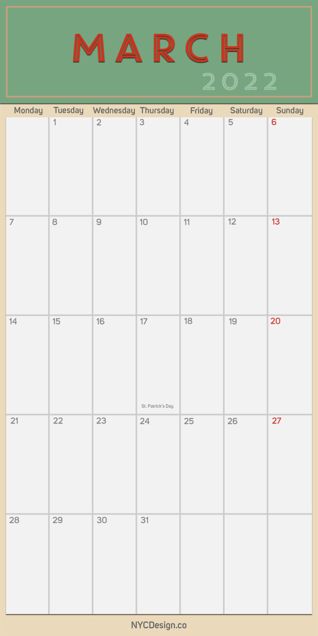 2022 March – Monthly Calendar, Planner, Printable Free – Monday Start ...