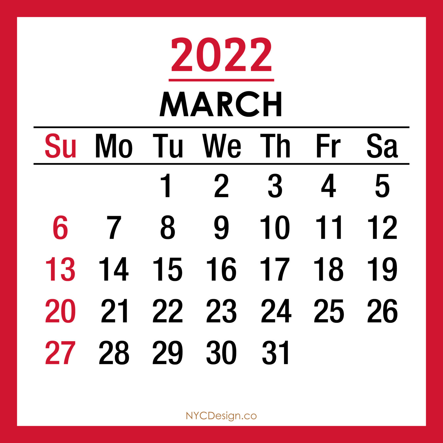 2022 Monthly Calendar, Printable Free – Sunday Start, Red – NYCDesign ...
