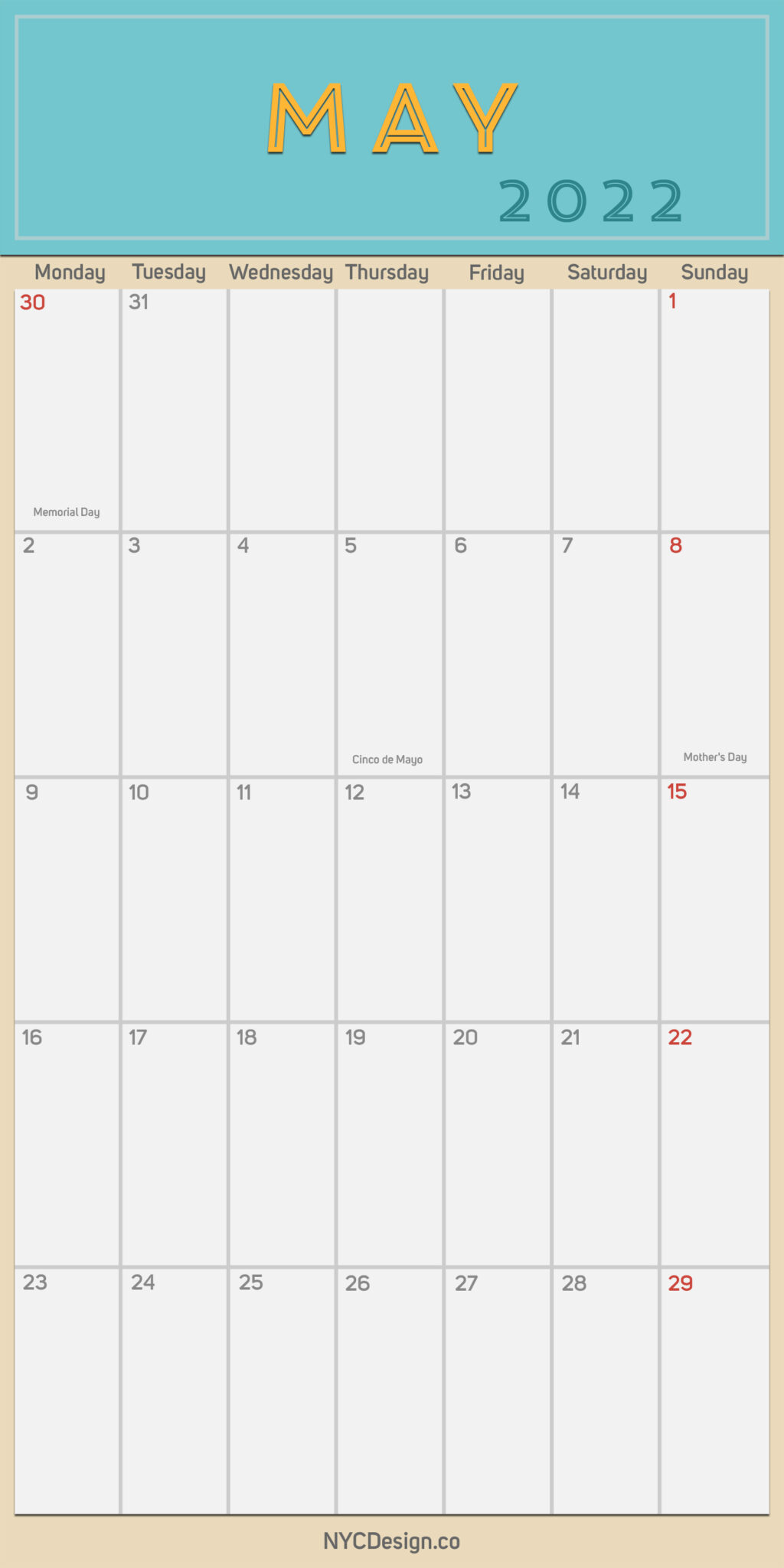 2022 May – Monthly Calendar, Planner, Printable Free – Monday Start ...