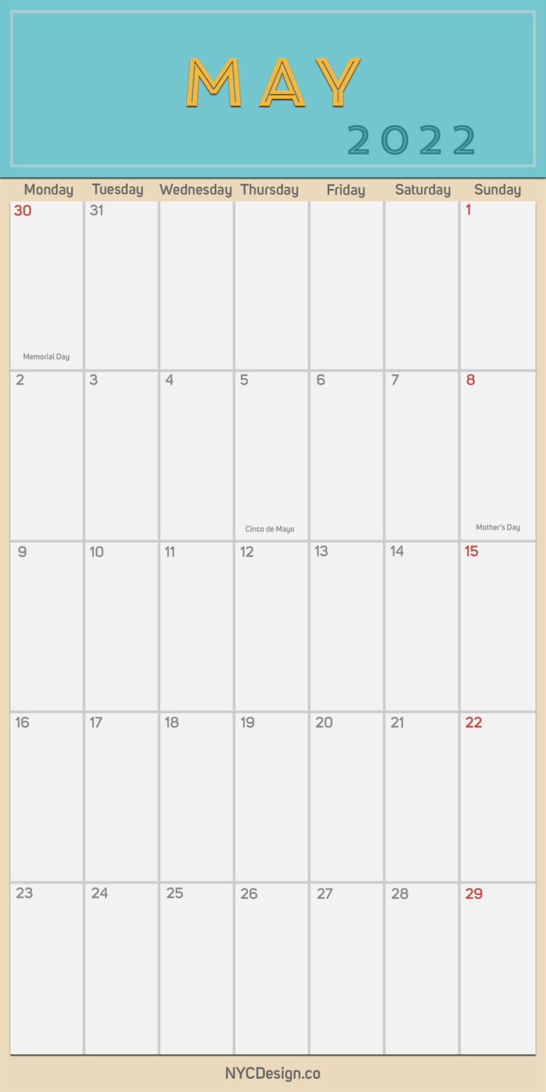 2022 May – Monthly Calendar, Planner, Printable Free – Monday Start ...