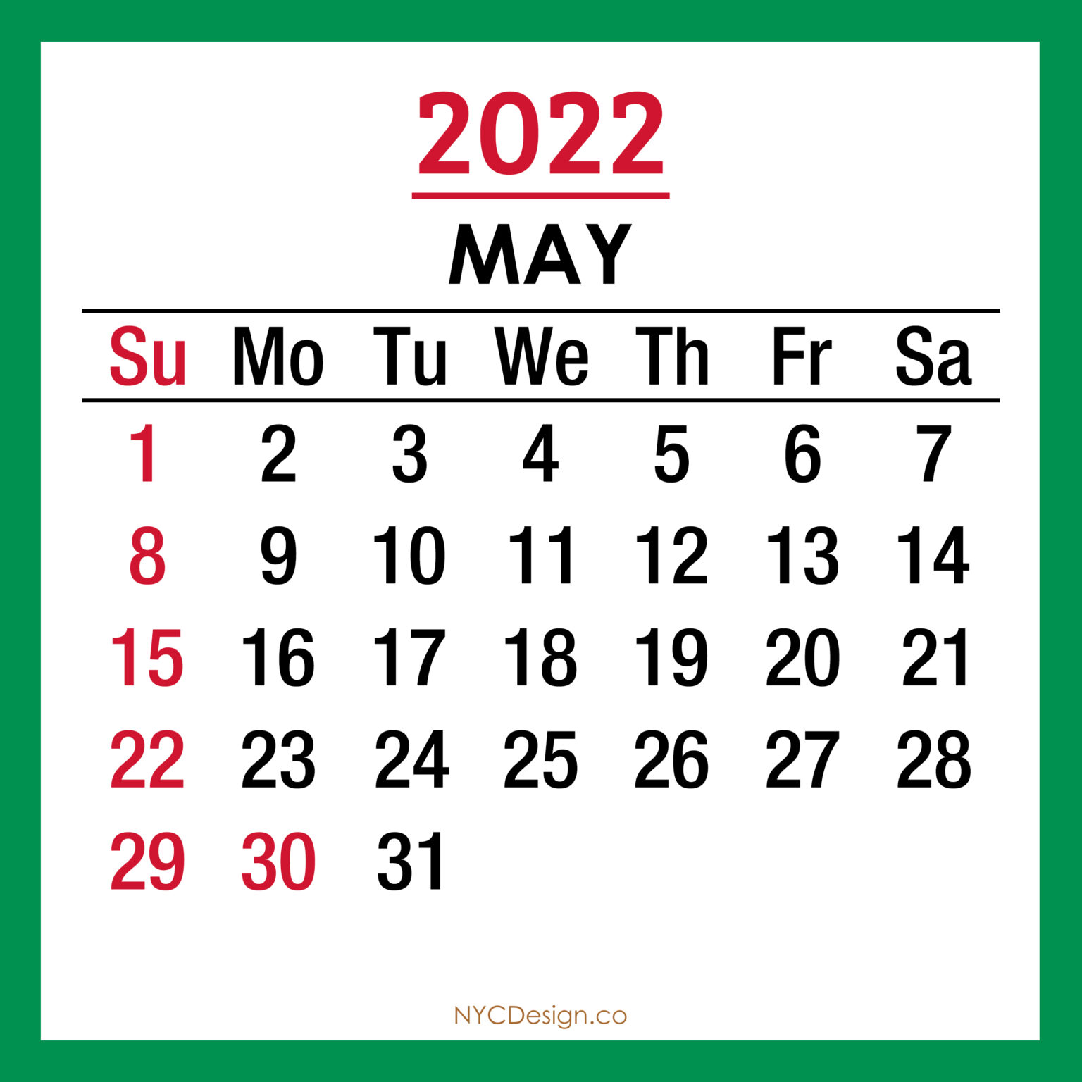 2022 Monthly Calendar with USA Holidays, Printable Free – Sunday Start ...