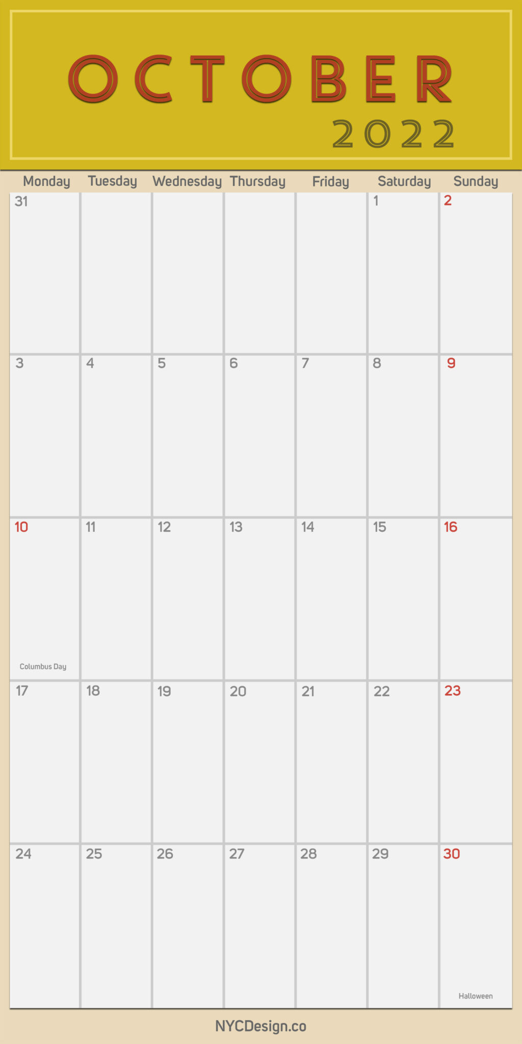 2022 October – Monthly Calendar, Planner, Printable Free – Monday Start ...