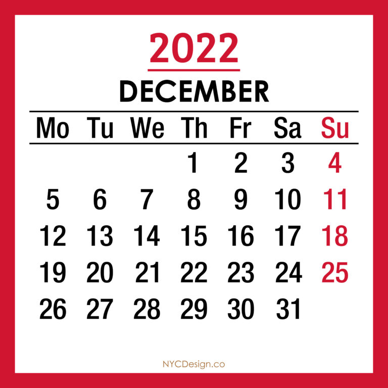 2022 Monthly Calendar, Printable Free – Monday Start, Red – NYCDesign ...
