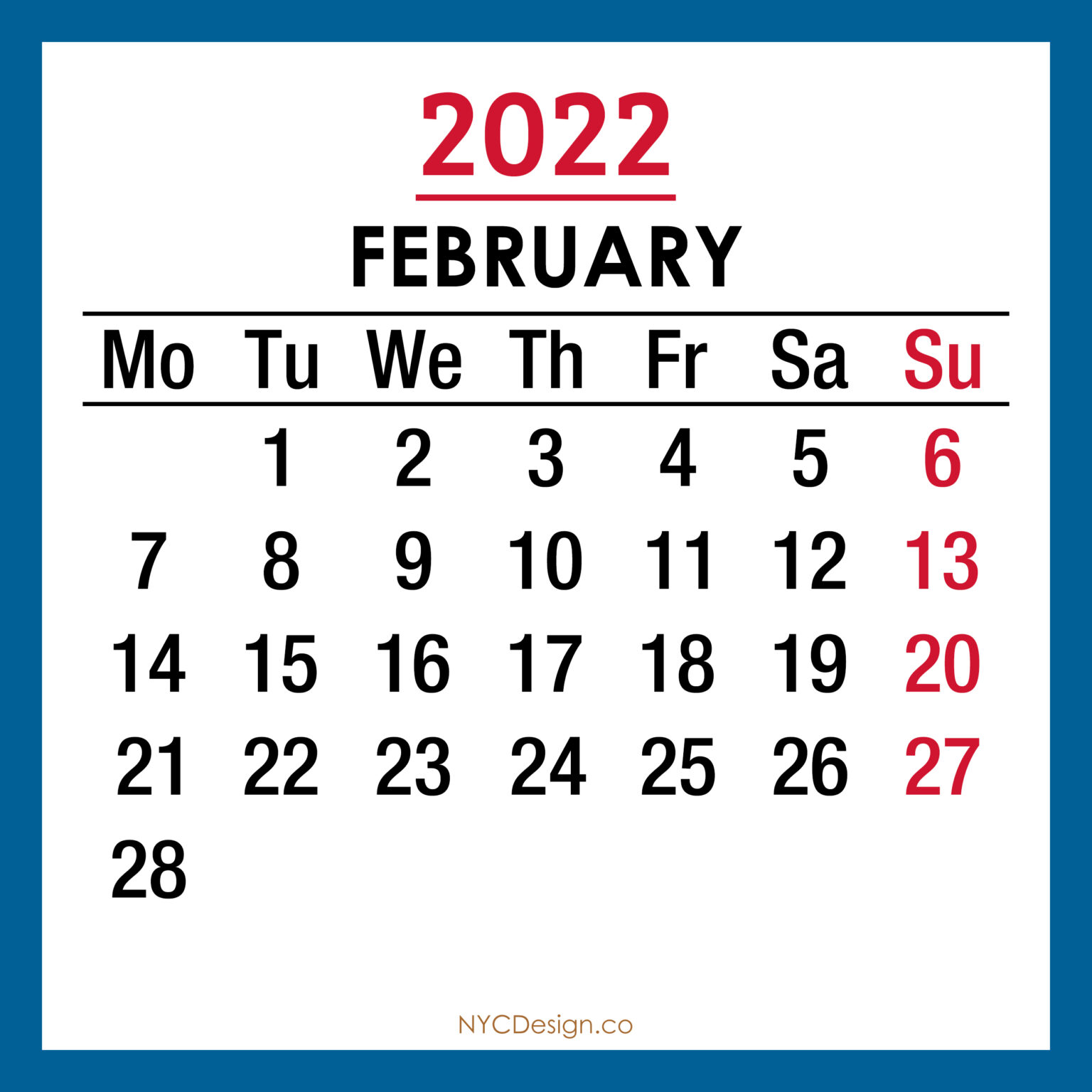 2022 Monthly Calendar, Printable Free – Monday Start, Blue – NYCDesign ...