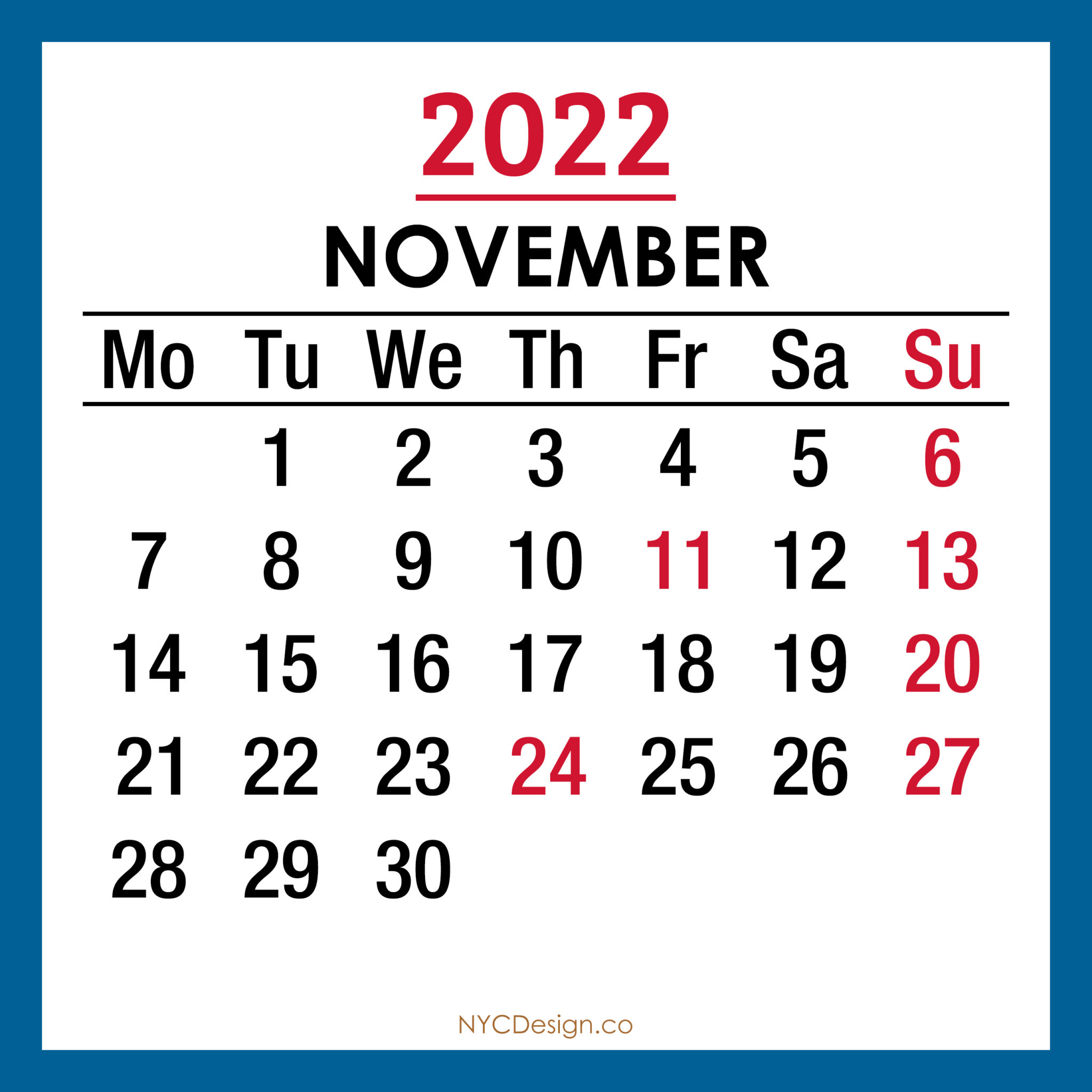 2022 Monthly Calendar with USA Holidays, Printable Free – Monday Start ...